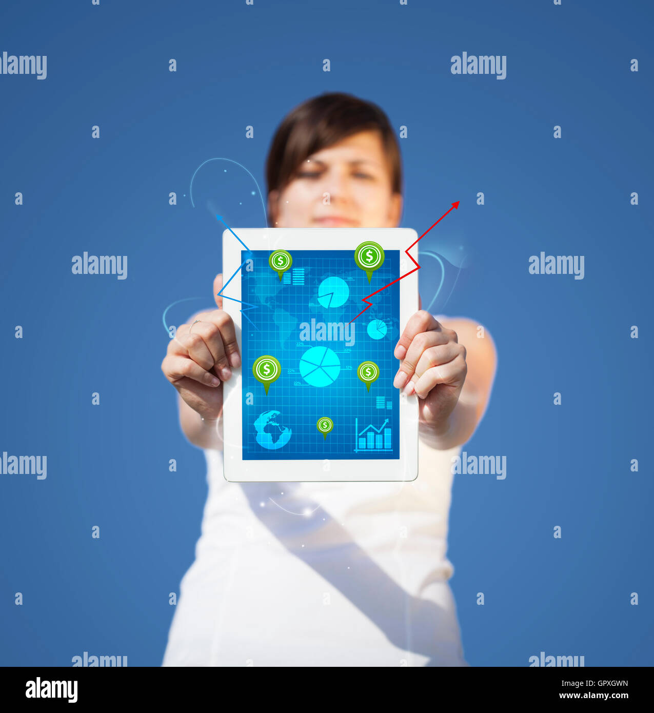 Young woman looking at modern tablet with abstract light and var Stock ...