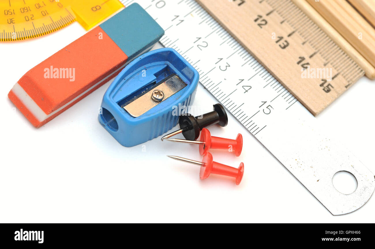 Office tools on white Stock Photo - Alamy