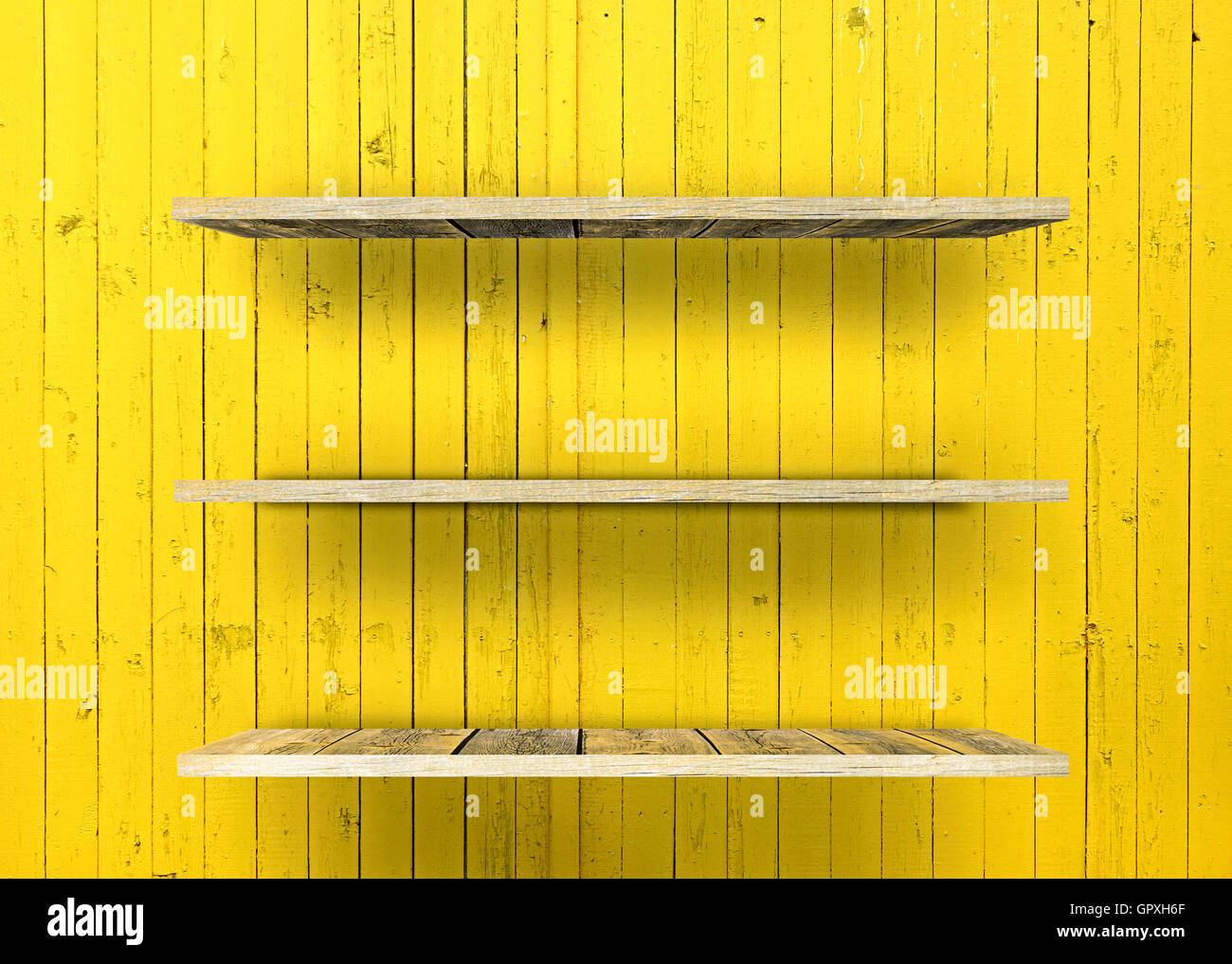 Empty wood shelf on wooden wall Stock Photo - Alamy