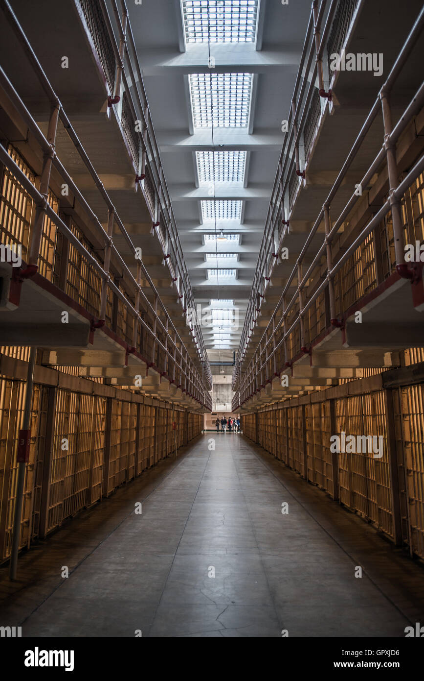 Prison Corridor inside the Alcatraz Penitentiary, with the row of rooms ...