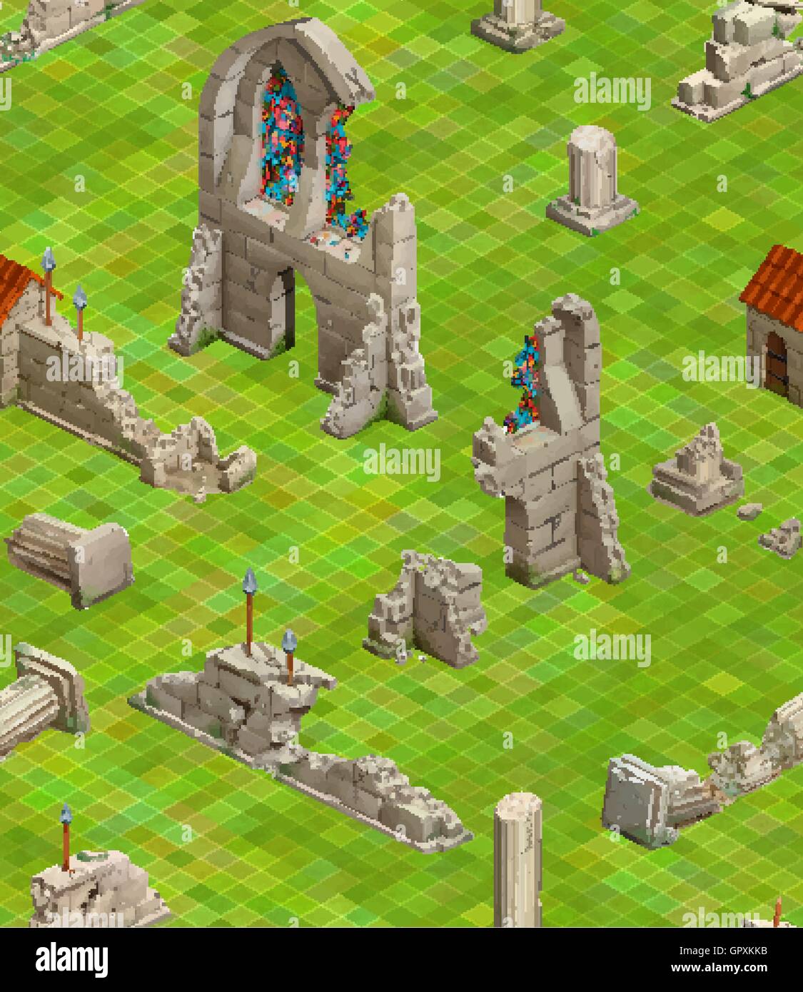 Medieval buildings on green grass, isometric seamless pattern Stock ...