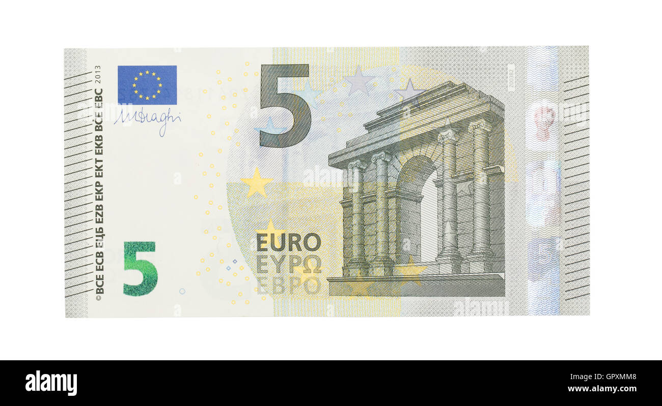 Close-up of a 5 euro bank note, isolated Stock Photo - Alamy
