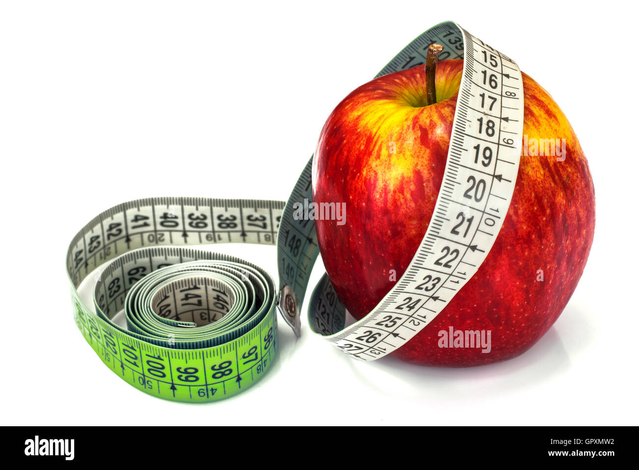Apple and Measuring Tape on White Stock Photo - Alamy