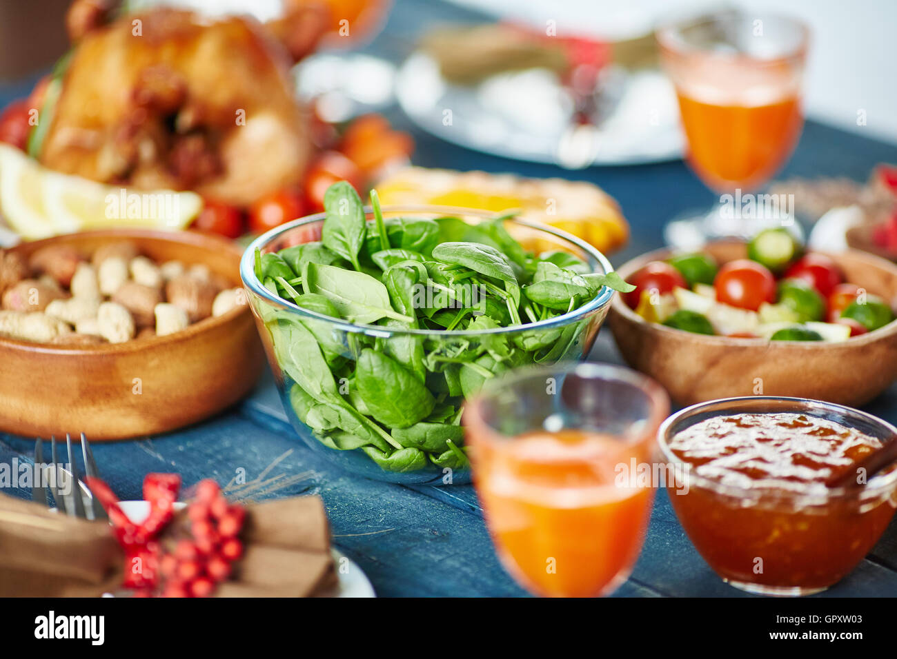 Fresh Dishes on Autumn Dinner Table Stock Photo - Alamy