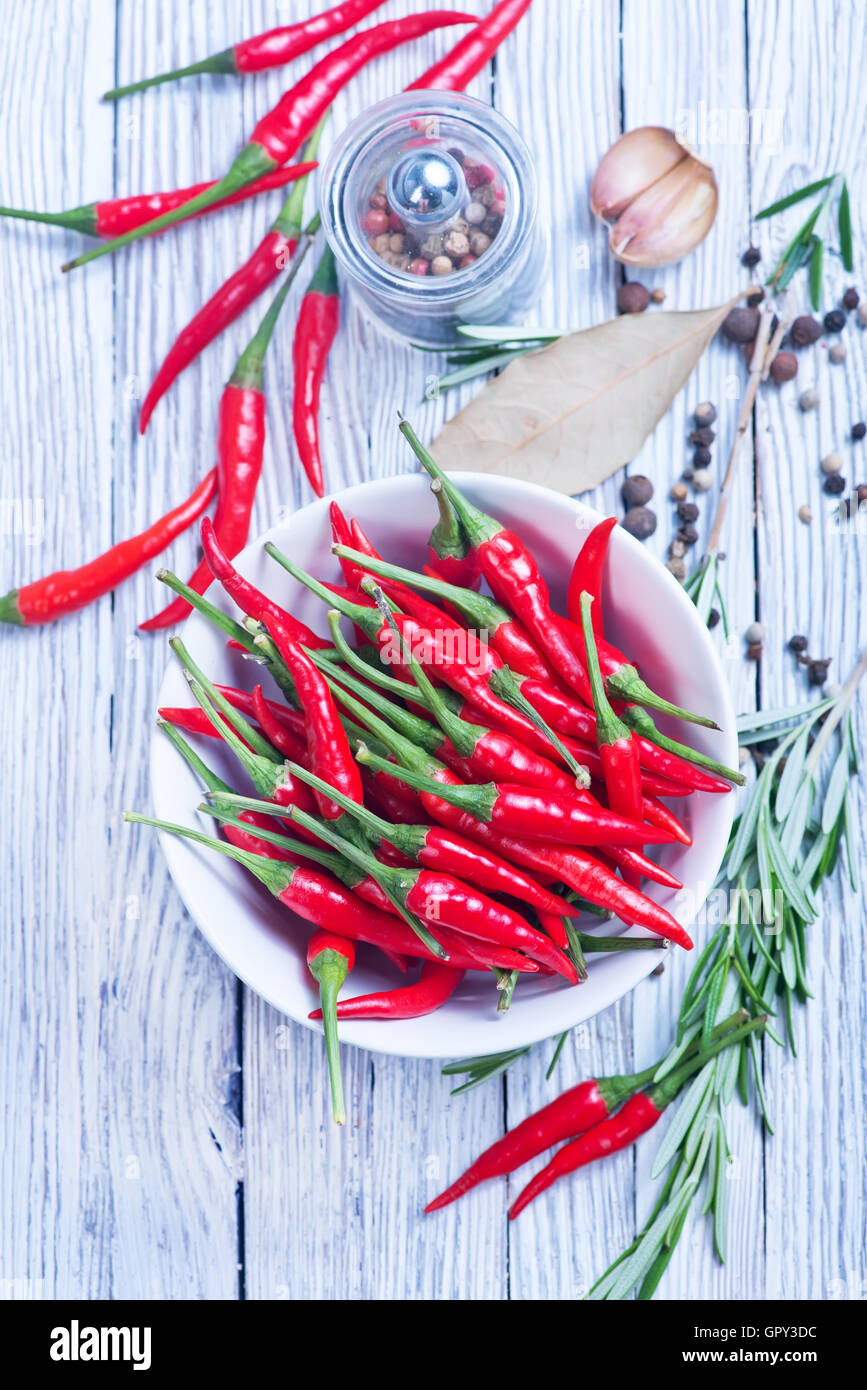 red hot chilli with salt and aroma spice on a table Stock Photo - Alamy