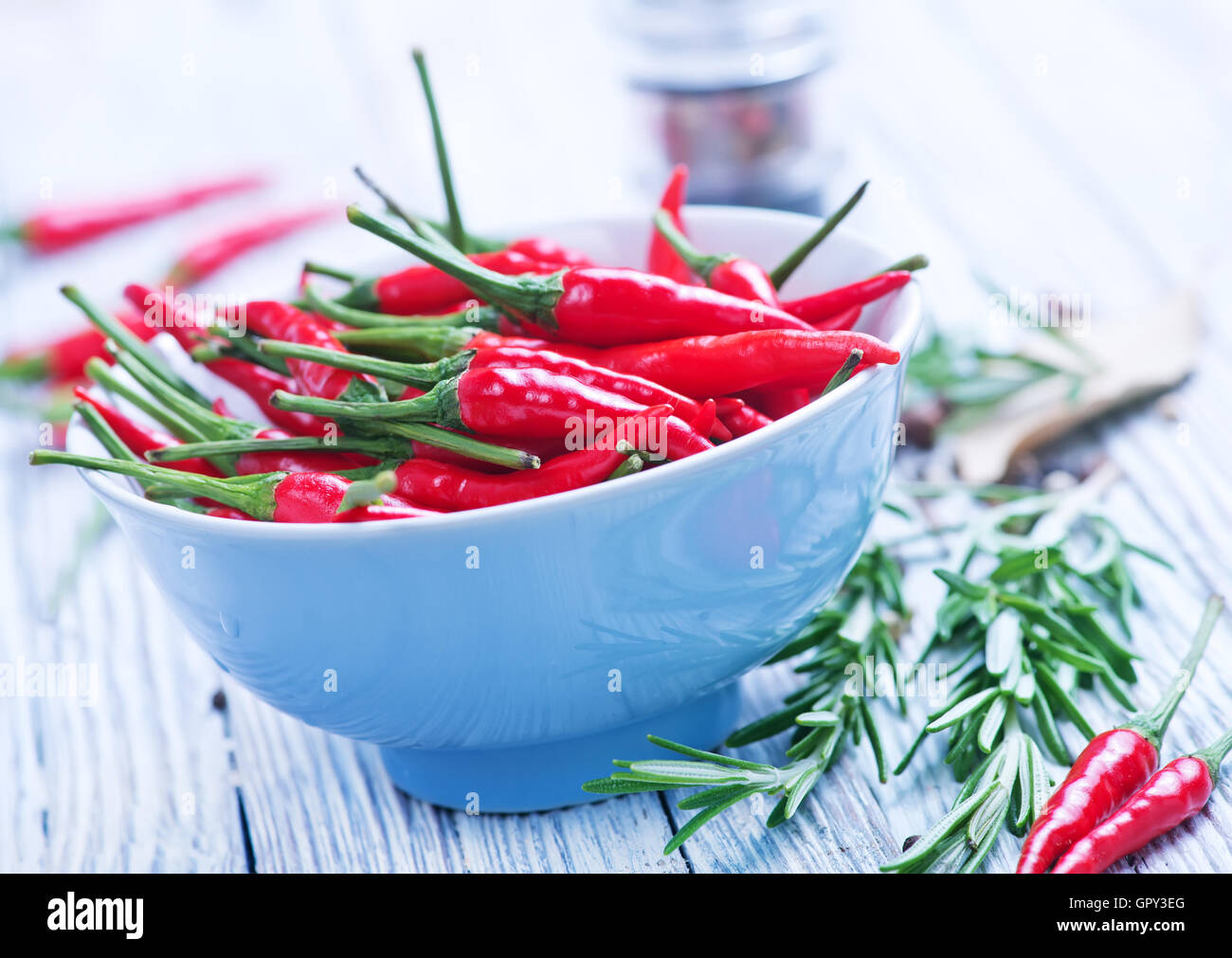 red hot chilli with salt and aroma spice on a table Stock Photo - Alamy