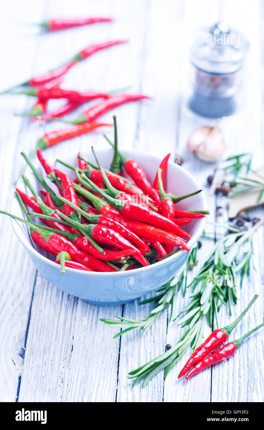 red hot chilli with salt and aroma spice on a table Stock Photo - Alamy
