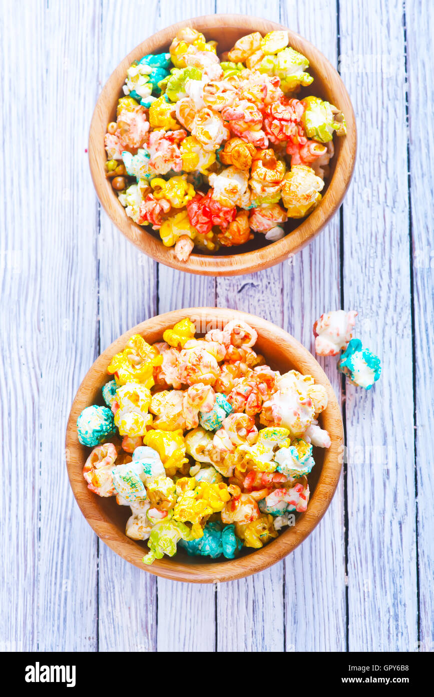 color popcorn in bowls and on a table Stock Photo - Alamy