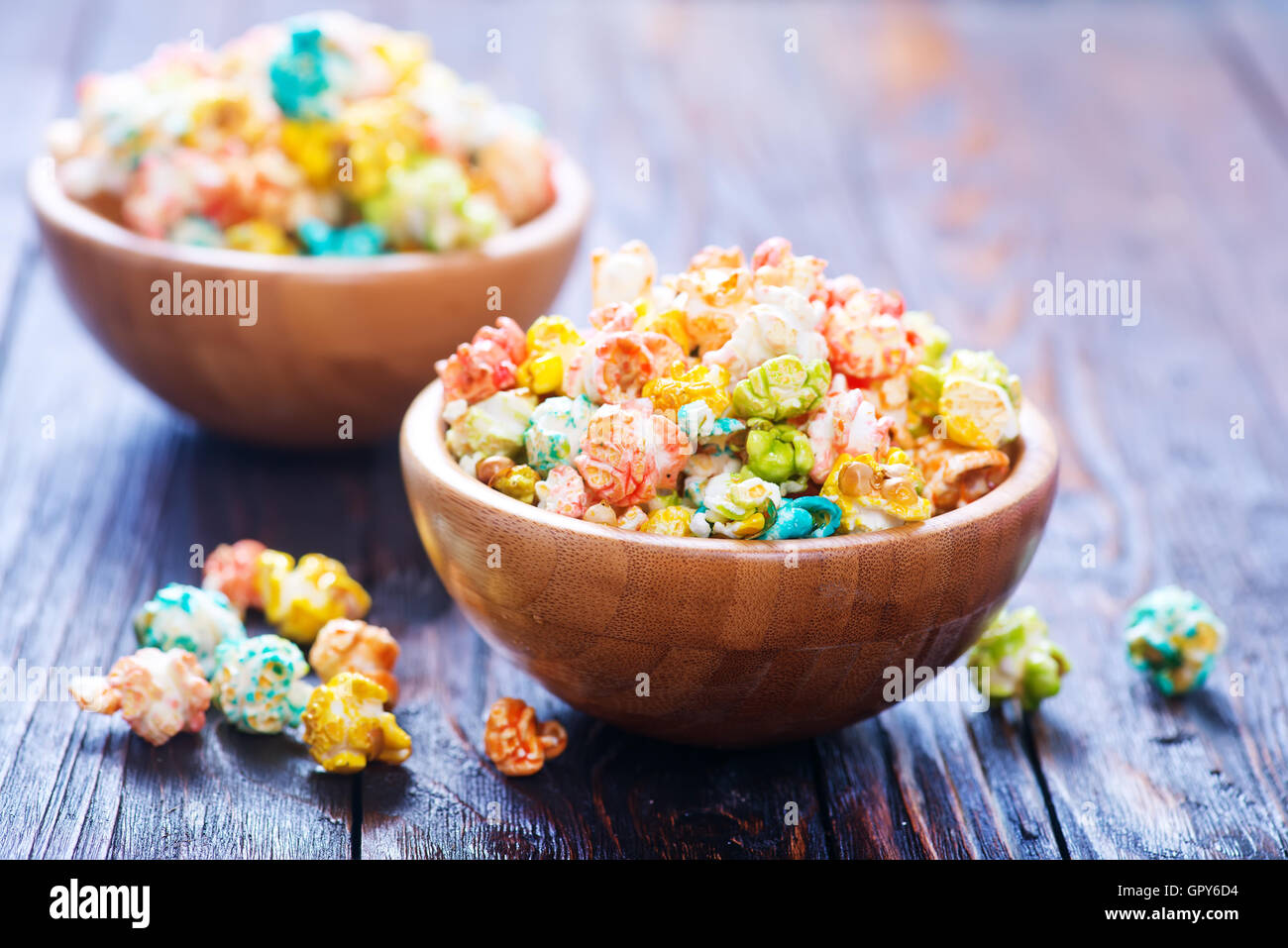 color popcorn in bowls and on a table Stock Photo - Alamy