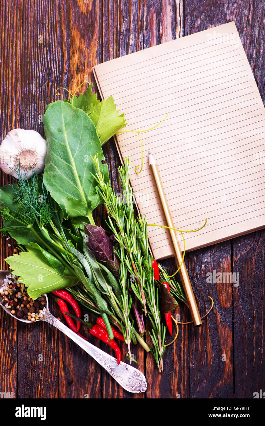 note for recipe and spice on the table Stock Photo - Alamy