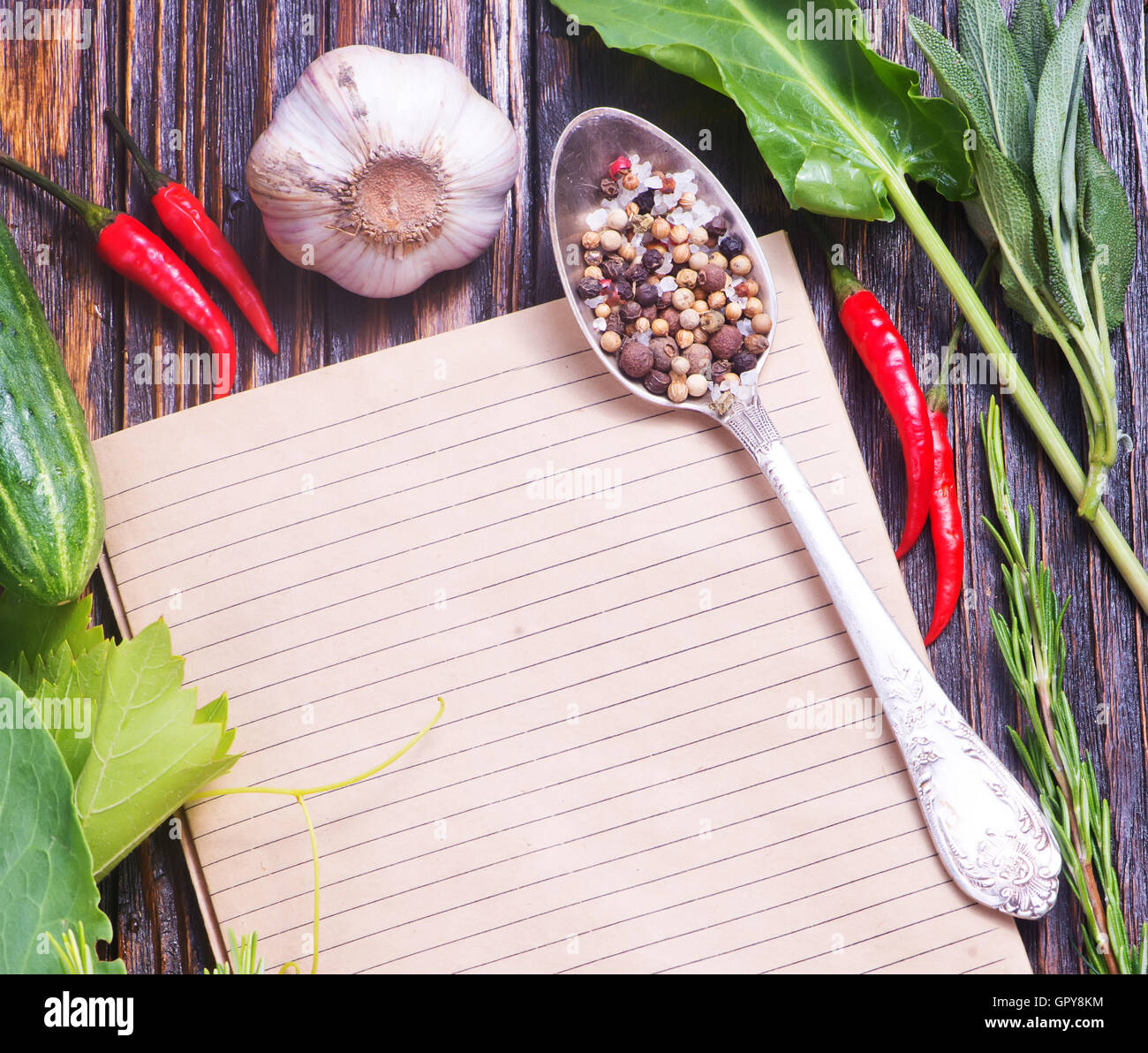 note for recipe and spice on the table Stock Photo - Alamy