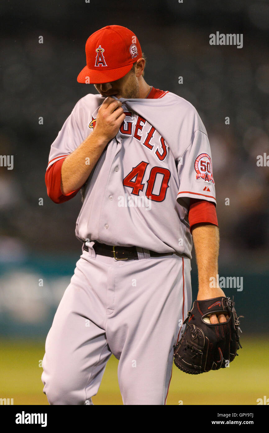 May 17, 2011; Oakland, CA, USA; Los Angeles Angels relief pitcher Kevin ...