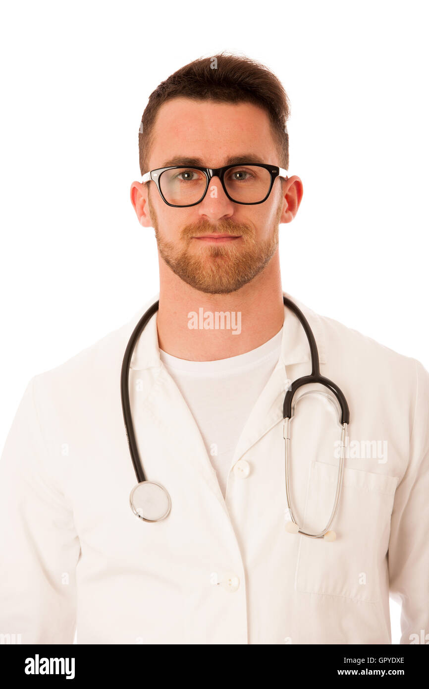 Handsome doctor in white robe with stethoscope around neck isolated ...