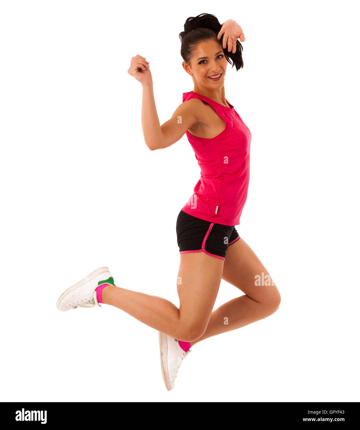 Active woman doing aerobics for a cardio training dancing Stock Photo ...