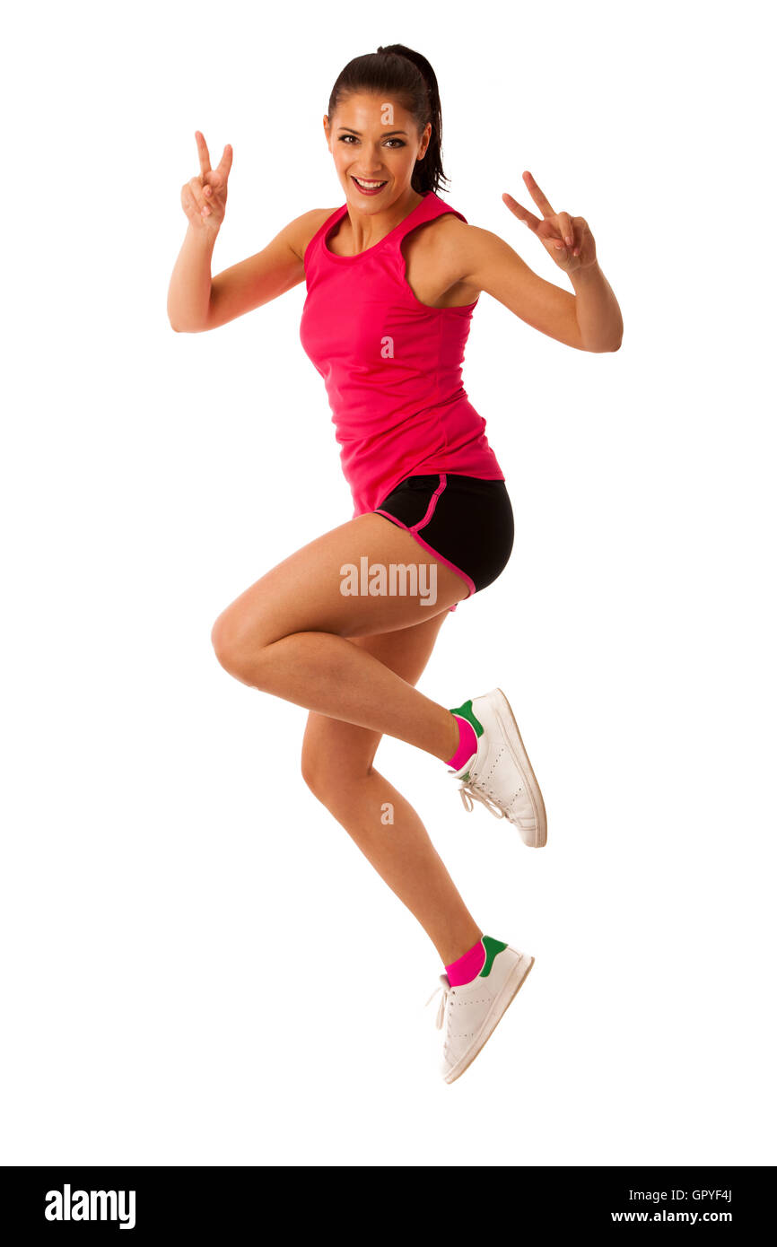 Active woman doing aerobics for a cardio training dancing Stock Photo ...