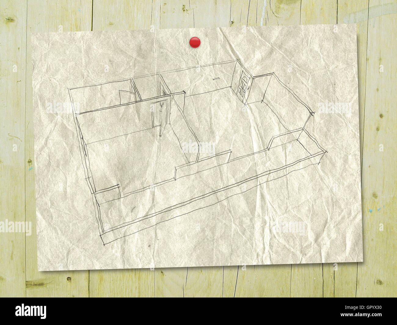 2d black pen freehand sketch drawing of empty home apartment on old ...