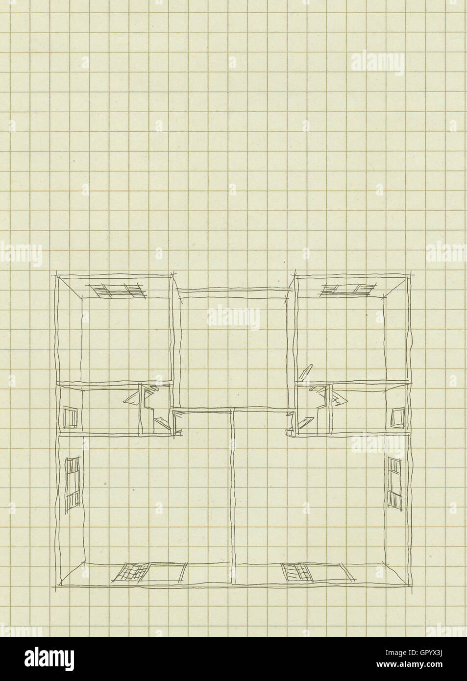 2d freehand sketch drawing of empty home apartment on squared paper ...