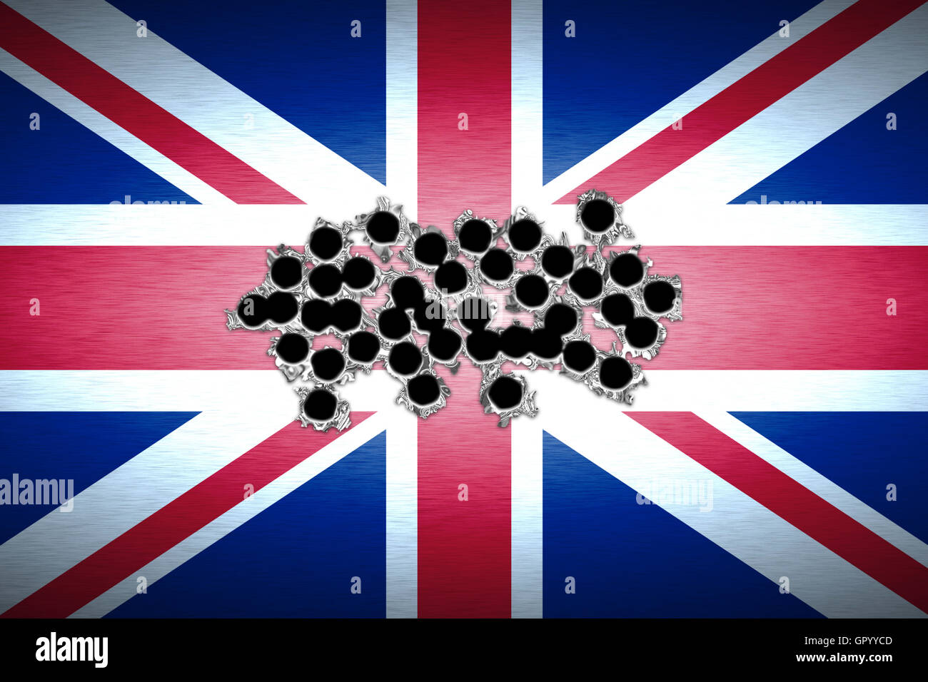 shotgun bullet hole on united kingdom flag. metal background. concept ...