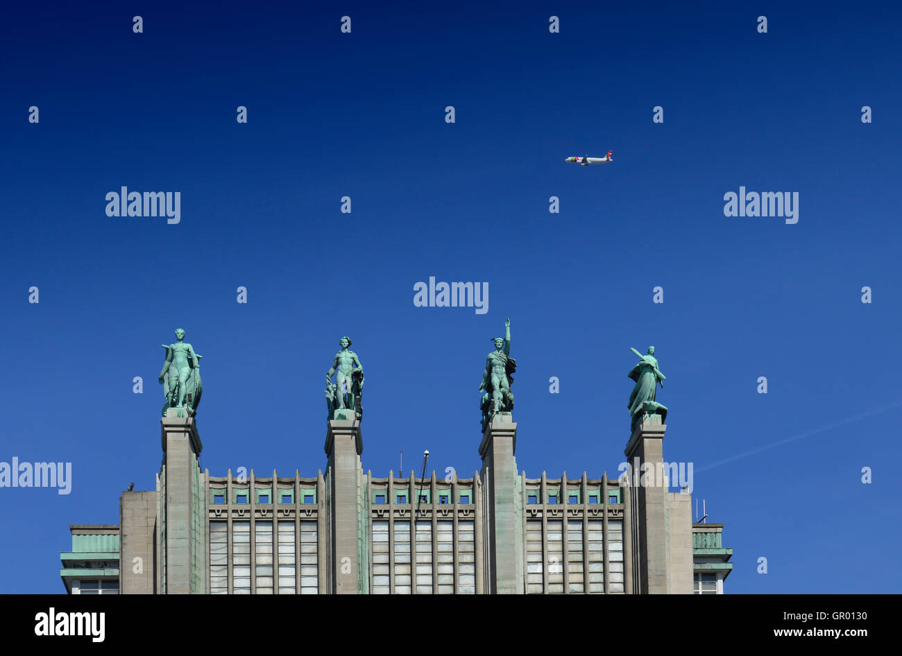 Front facade decorated with copper sculptures of Brussels Expo building ...