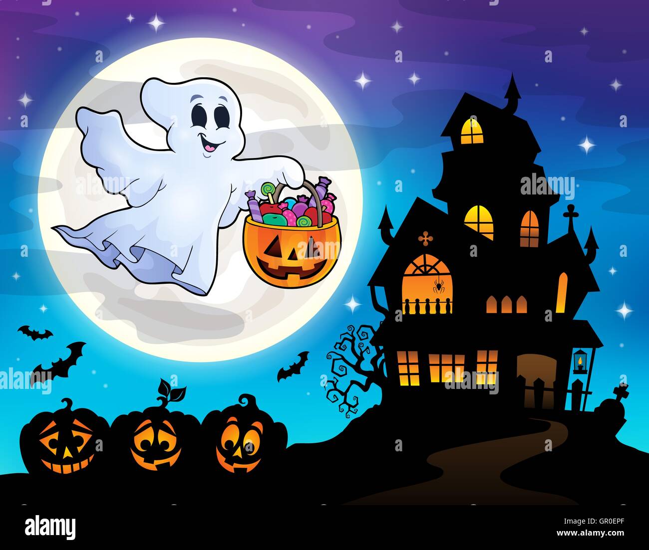 Halloween ghost near haunted house 2 - picture illustration Stock Photo ...