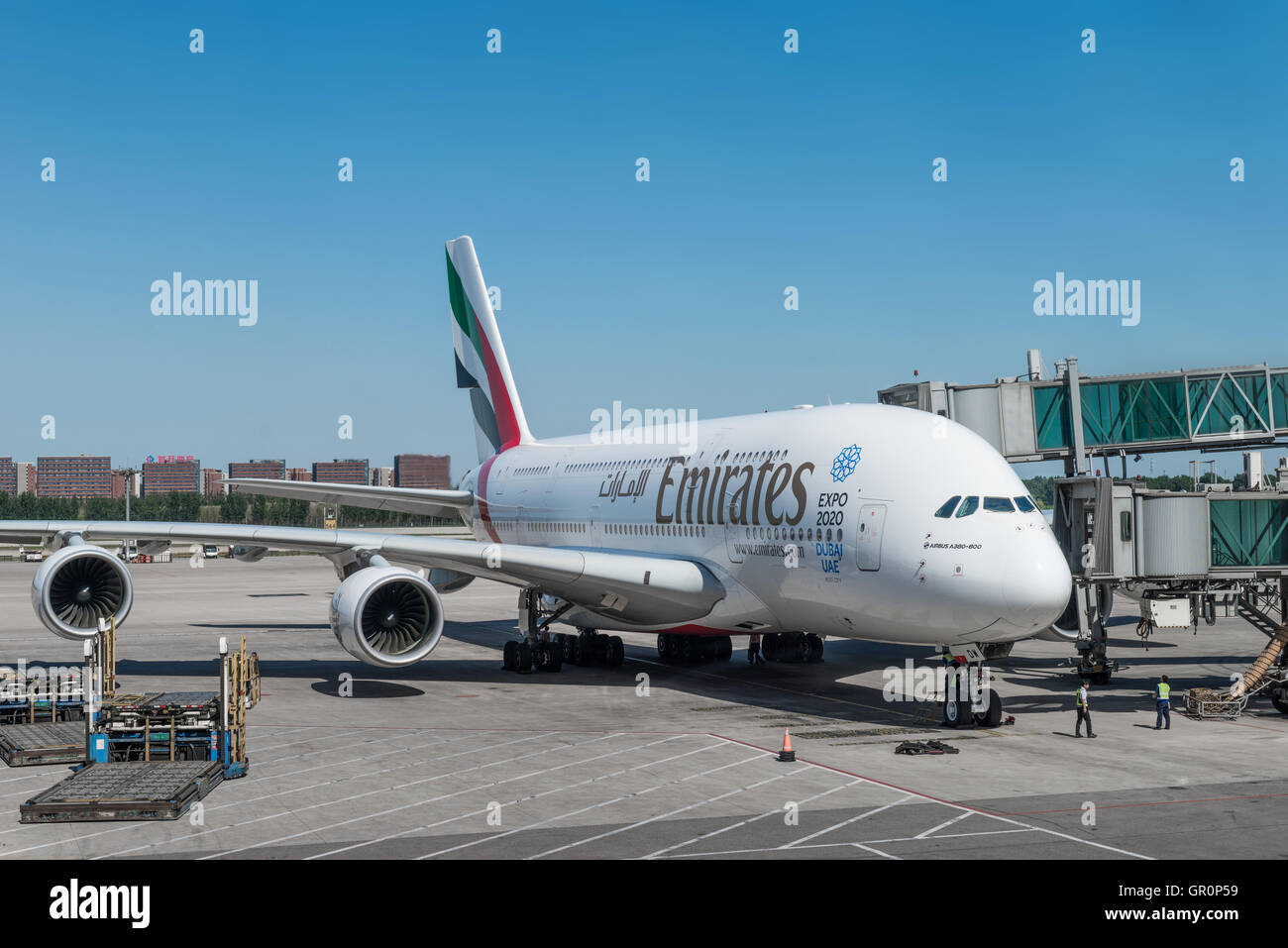 The Airbus A380 of Emirates Airlines arrived at Beijing International ...