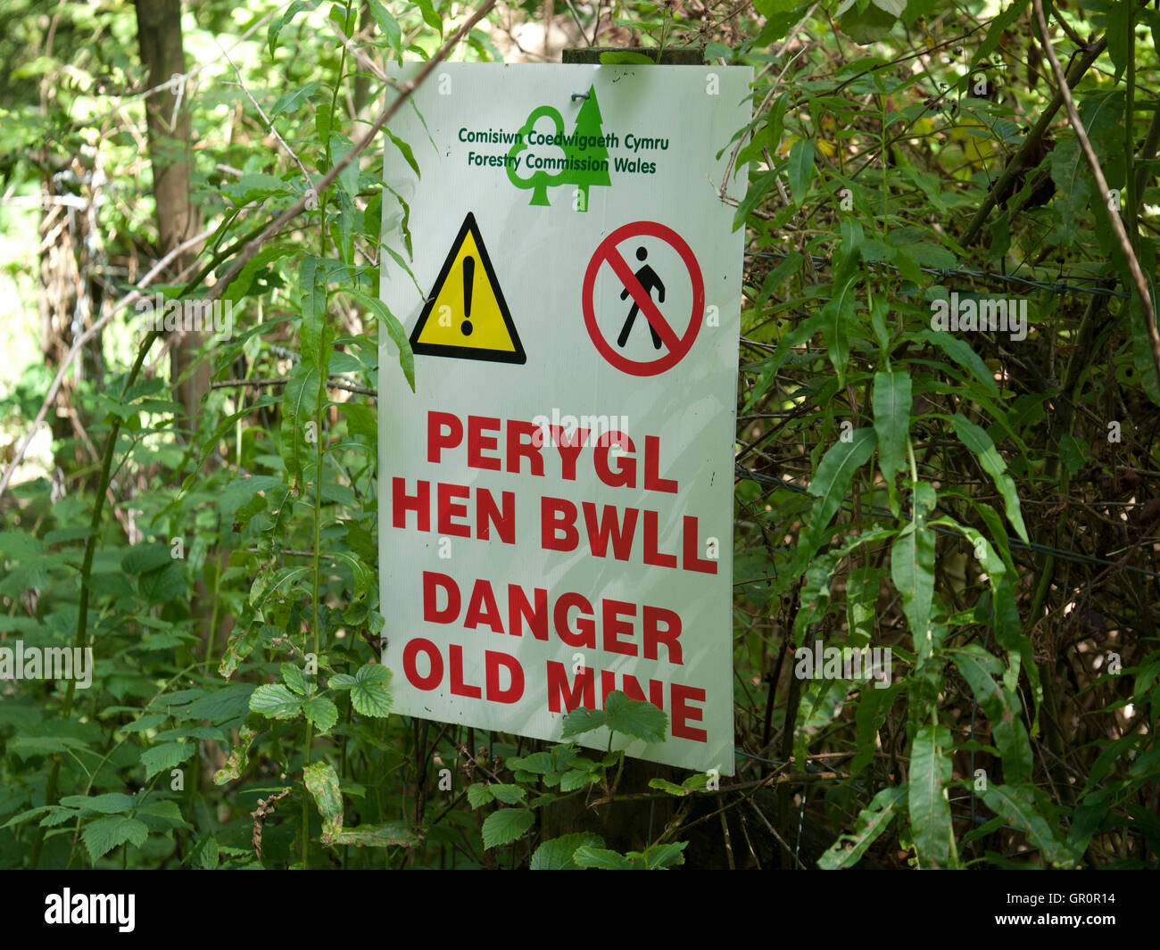 Danger Old Mine sign in Welsh and English, Betws-y-coed, North Wales ...