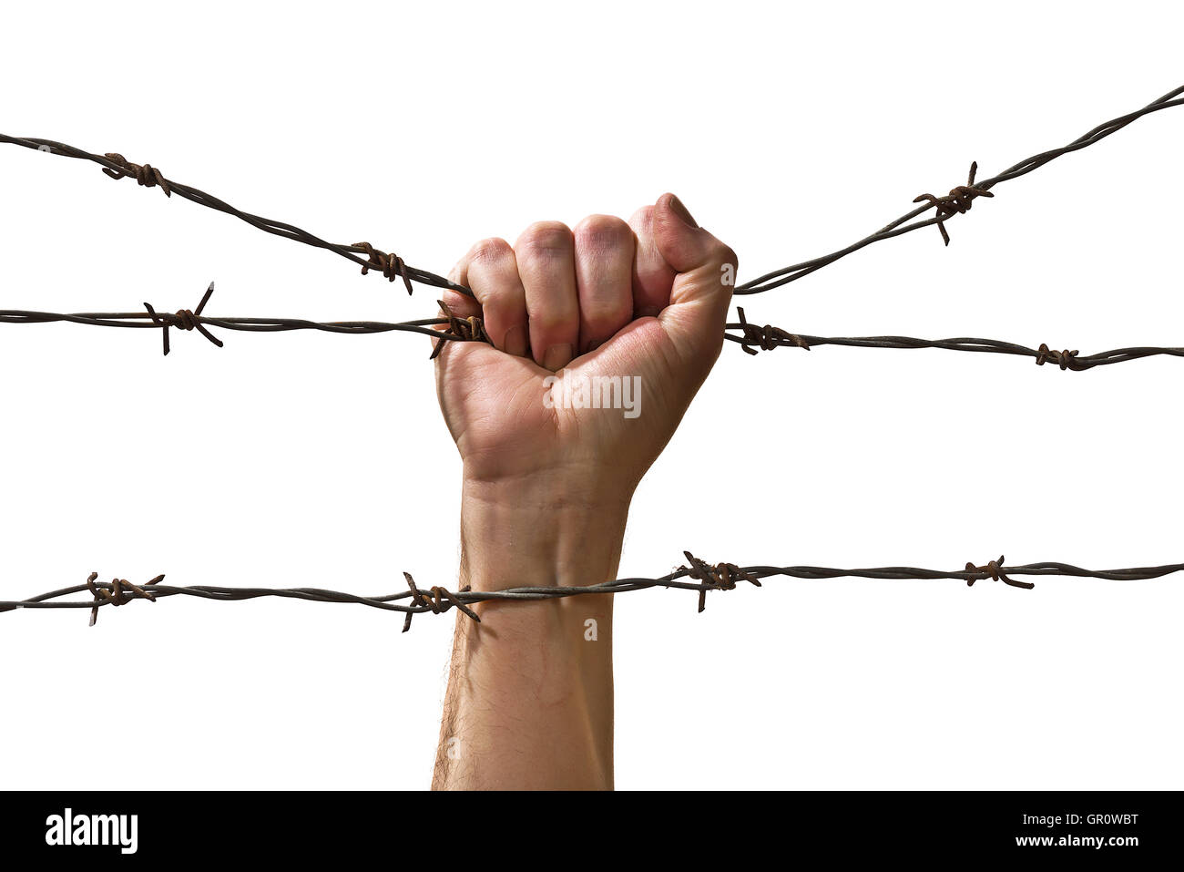 hand behind barbed wire on the white background Stock Photo - Alamy