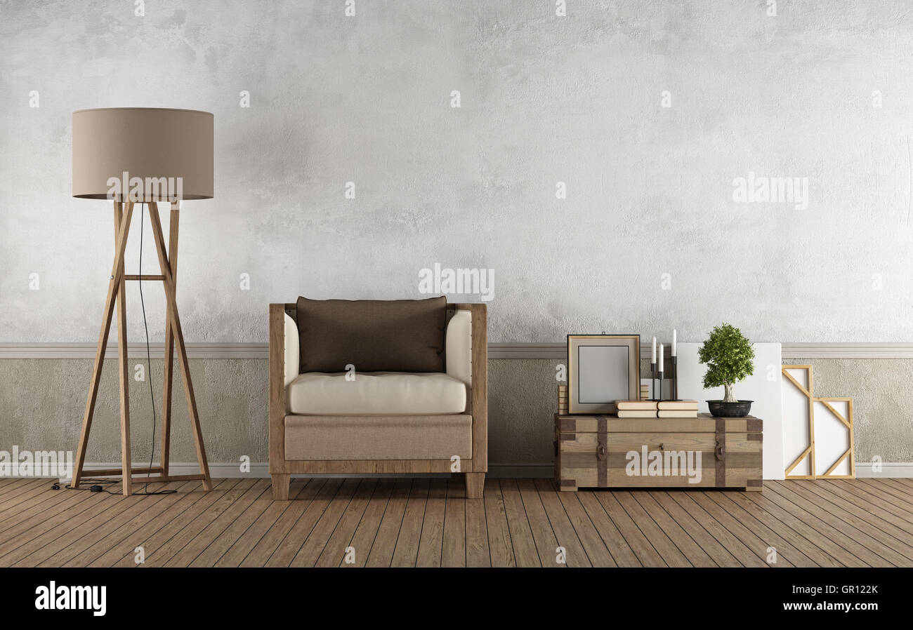 Vintage living room with wooden armchair and decor objects on floor- 3D ...