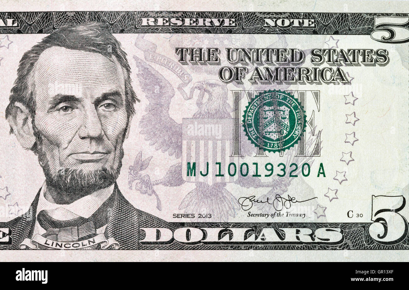 Portrait of the US President Abraham Lincoln on five dollar banknote ...