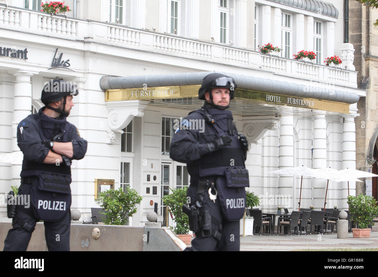 Leipzig, Germany. 06th Sep, 2016. Police officers in helmets and safety ...