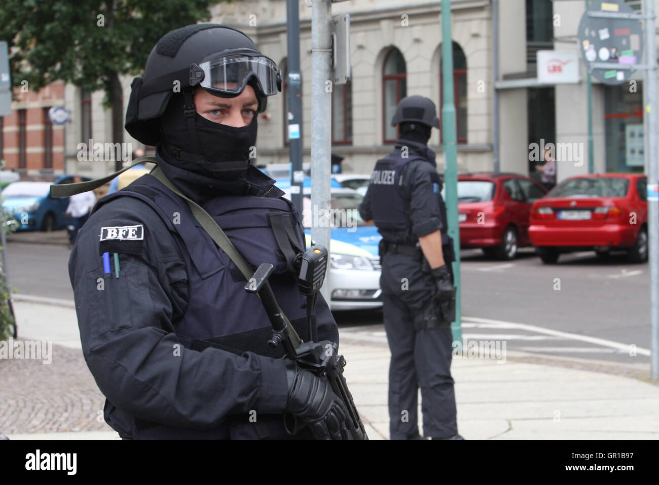 Leipzig, Germany. 06th Sep, 2016. Police officers in helmets and safety ...