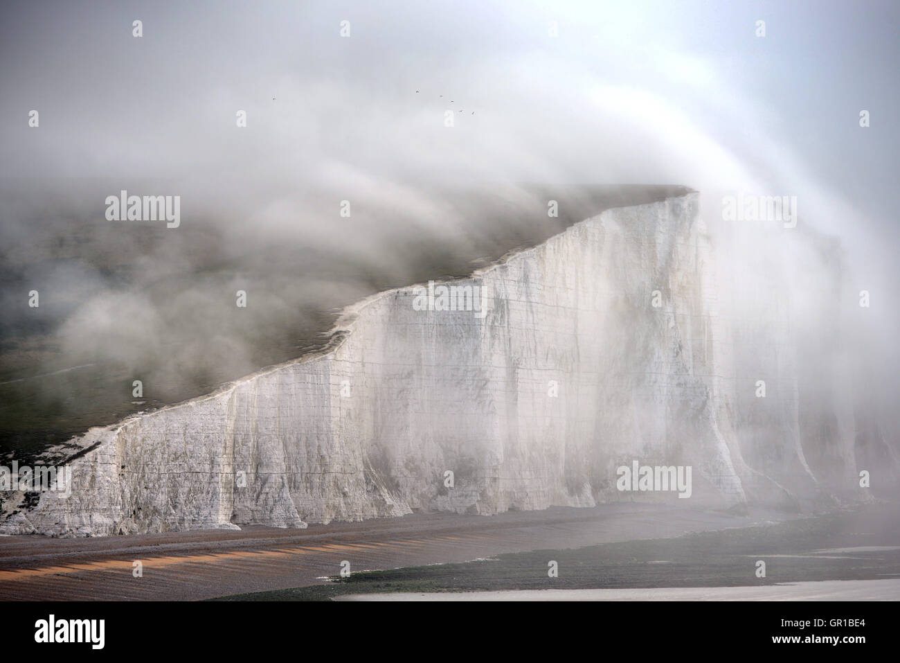 East Sussex, UK. 6th September 2016. Sea fog hitting land at the iconic ...