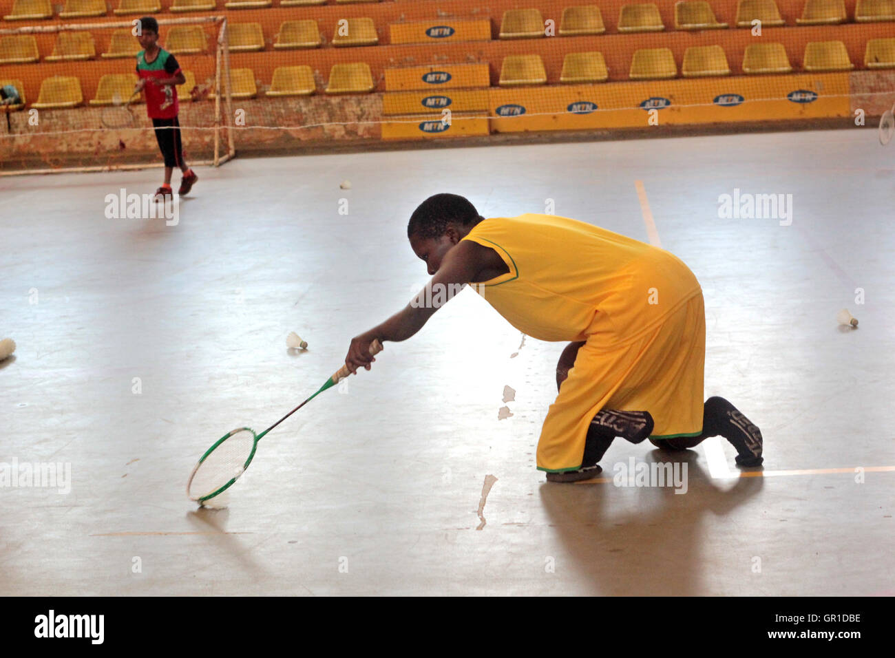 Kampala, Uganda. September 6, 2016. A disabled badminton player in a ...