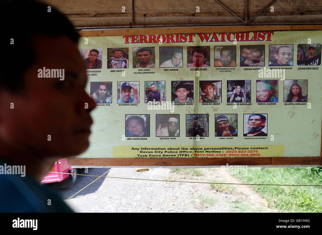 Davao Philippines 3rd Sep 2016 A Civilian Stands Beside A Tarpaulin