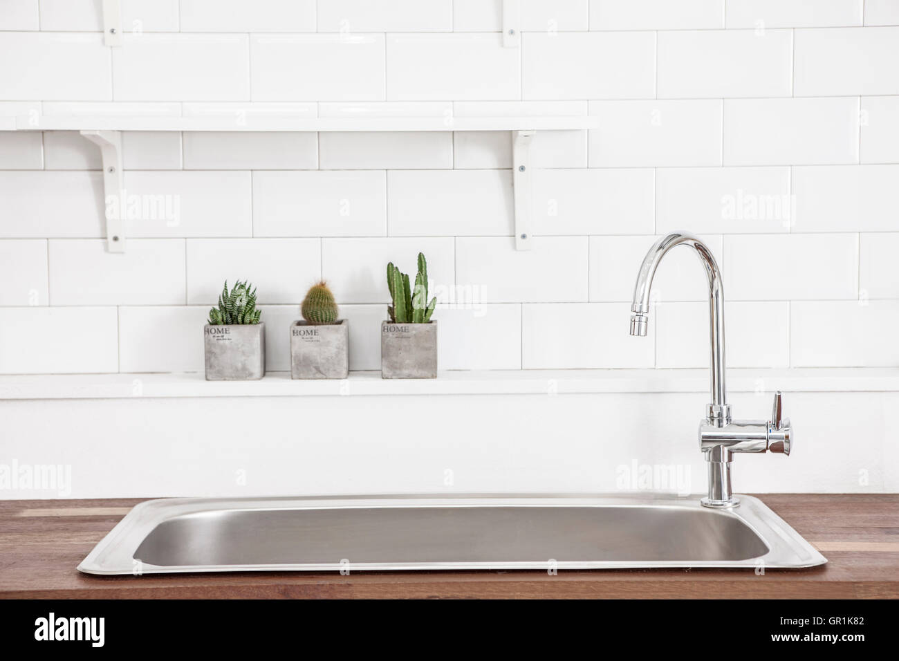 Kitchen interior with planted pots on sink Stock Photo - Alamy