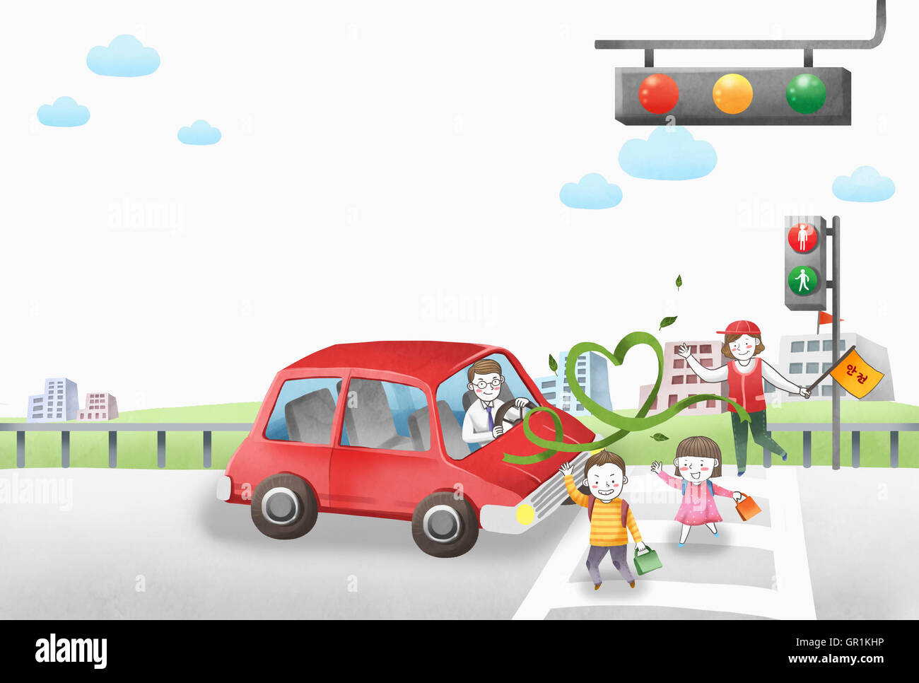 Illustration of elementary school children crossing street Stock Photo ...