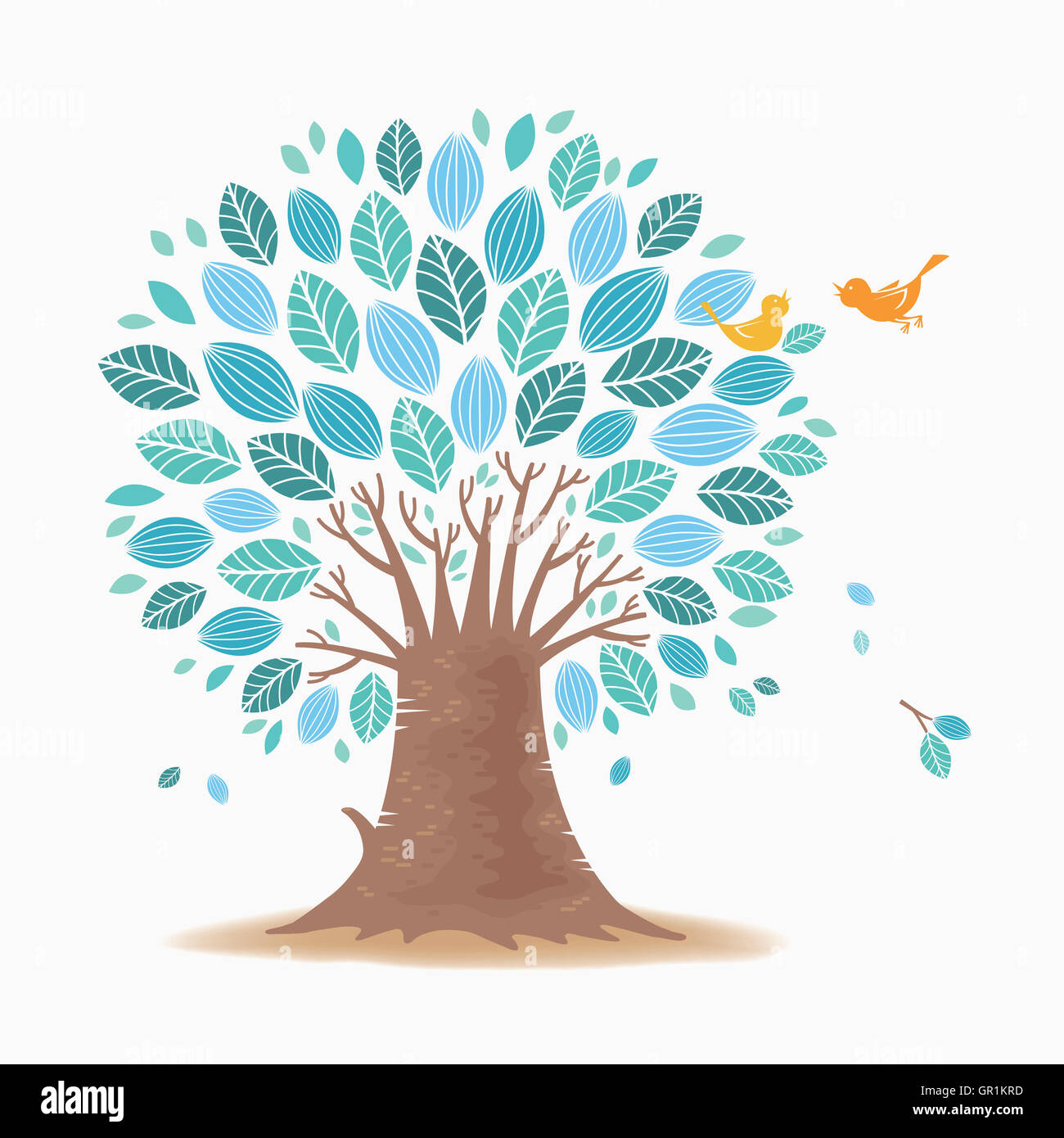 Illustration of tree with leaves and a bird Stock Photo - Alamy