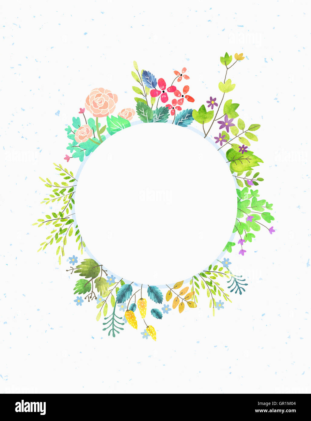 Circle frame with watercolor spring flowers and plants Stock Photo - Alamy
