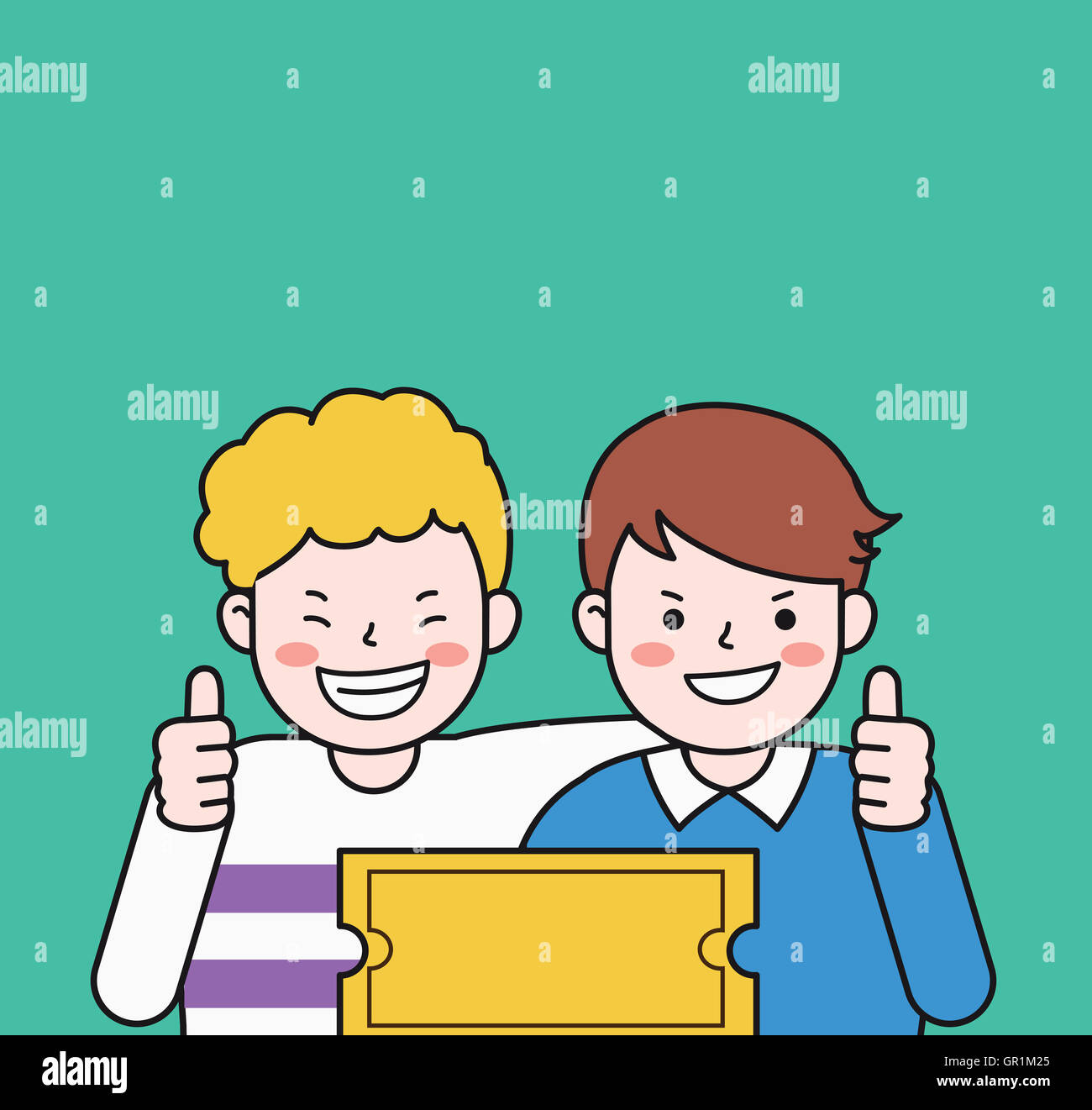 Smiling men showing thumbs-up with coupon Stock Photo - Alamy