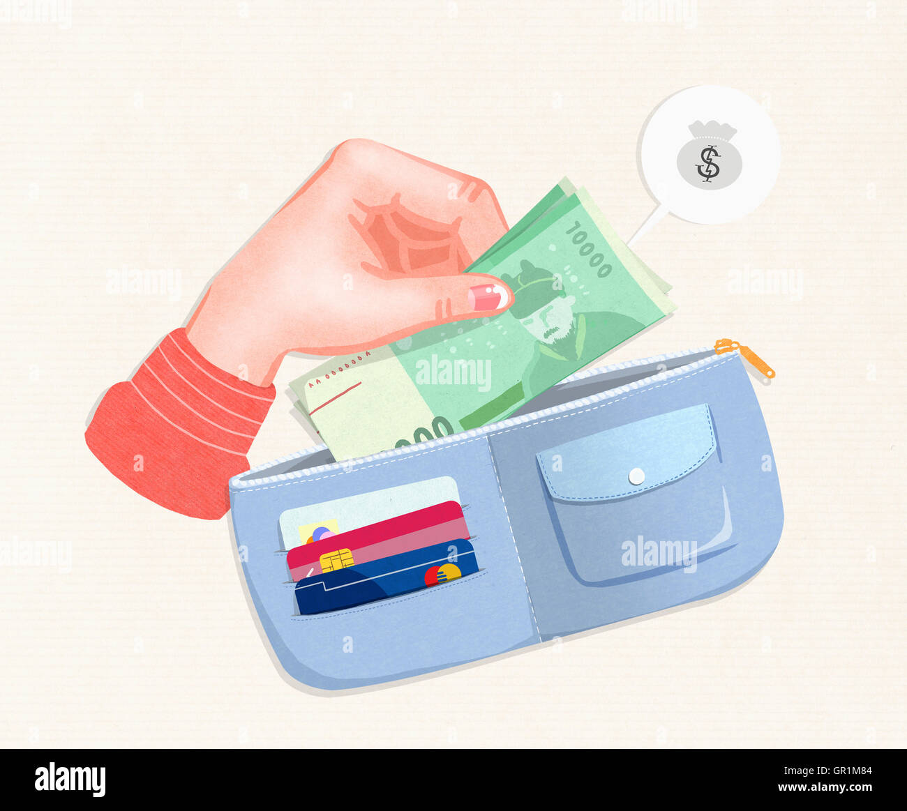 Hand taking bills out of purse Stock Photo - Alamy