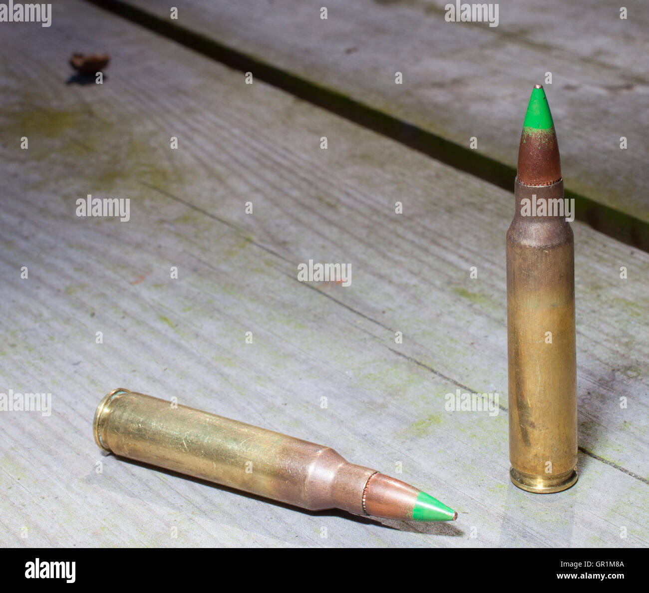 Two cartridges that are loaded with bullets painted green Stock Photo ...