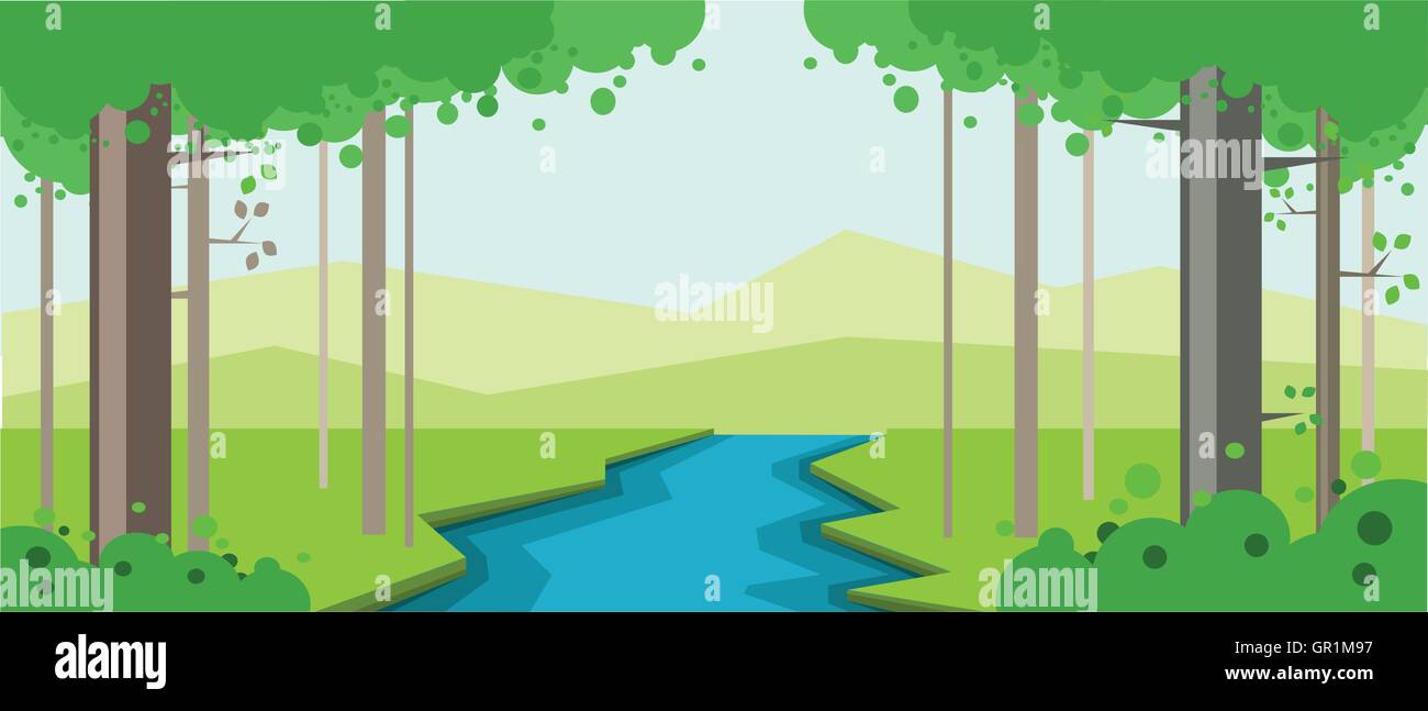 Vector abstract green landscape with a blue river in a forest, flat ...