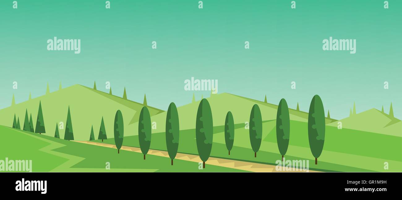 Vector abstract green landscape with alley, hills and roads, flat ...
