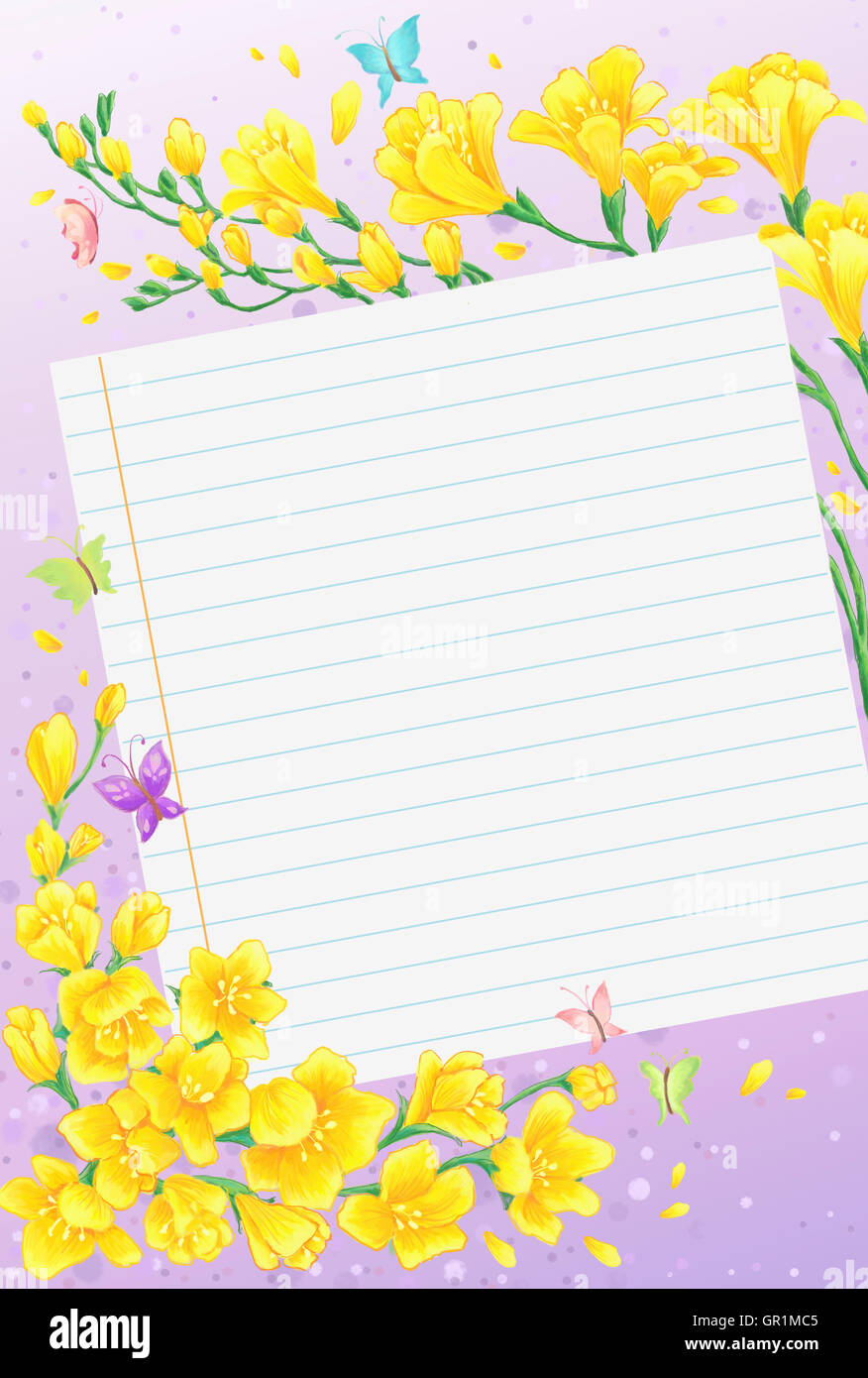 Letter paper with flowers and butterflies Stock Photo - Alamy