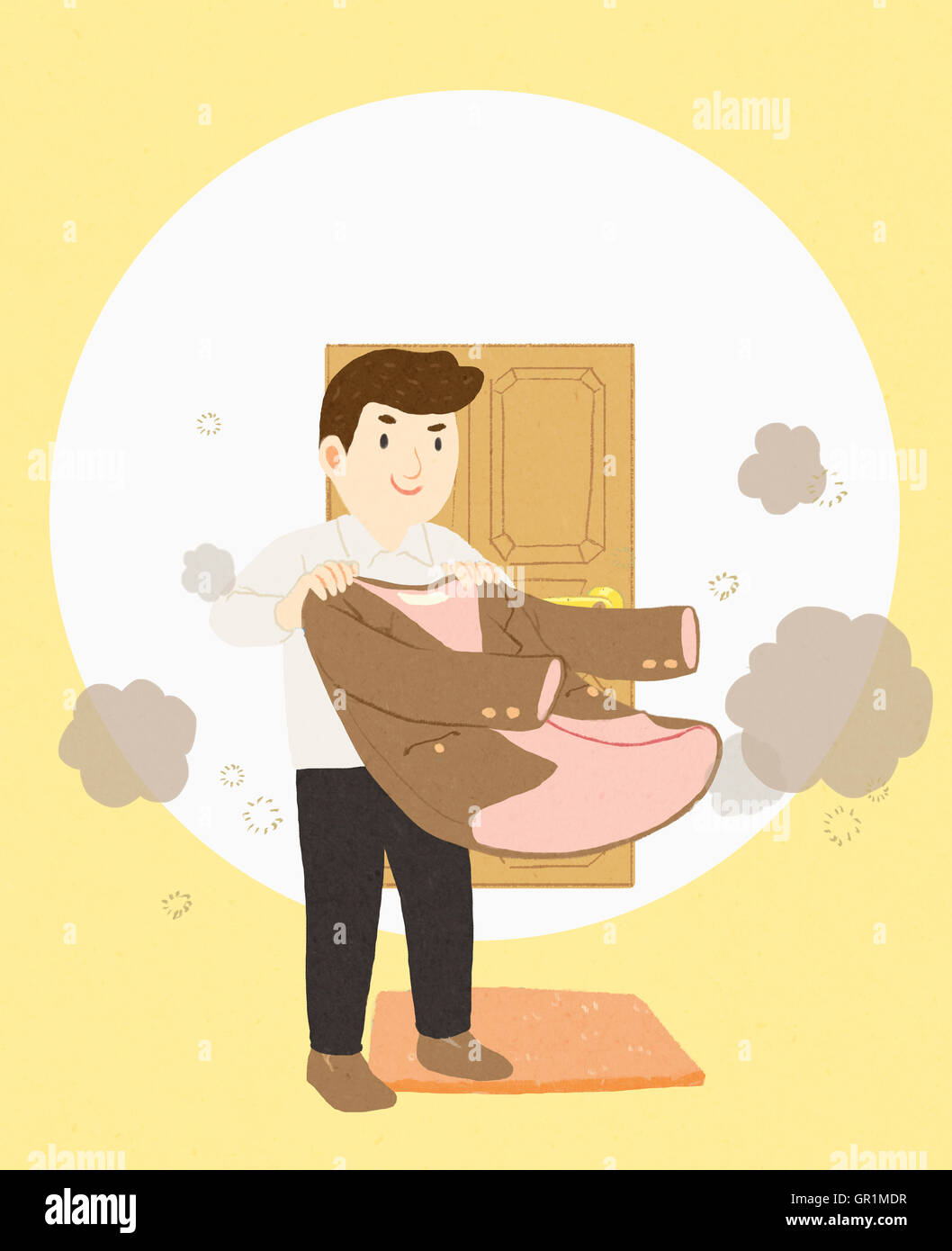 Smiling man beating dust off his jacket Stock Photo - Alamy