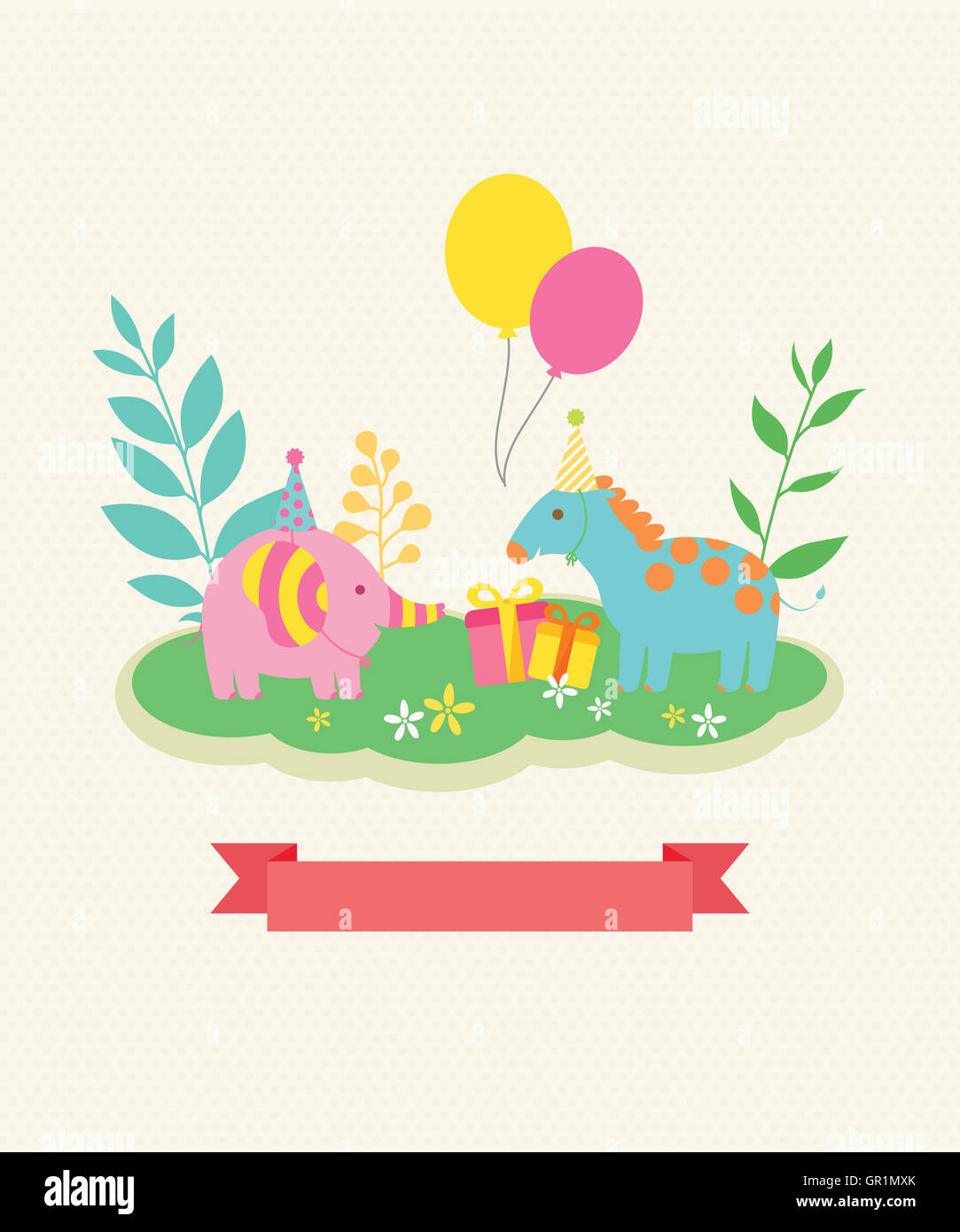 Animals with balloons and present boxes in illustration Stock Photo - Alamy