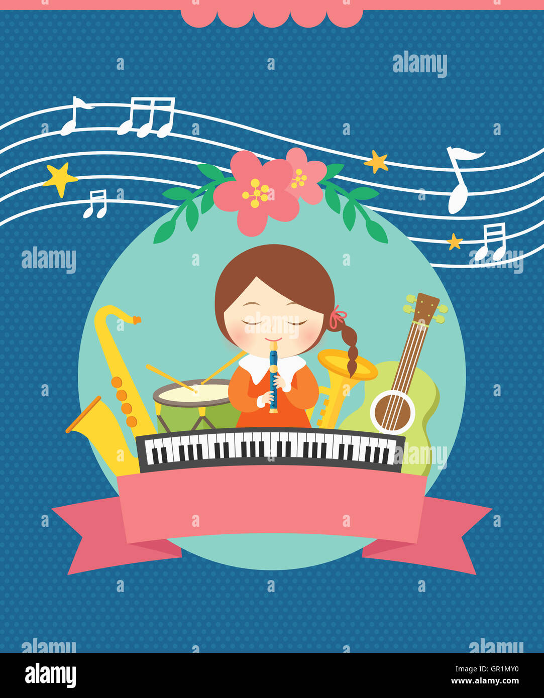Invitation card with illustration of girl playing instrument Stock ...