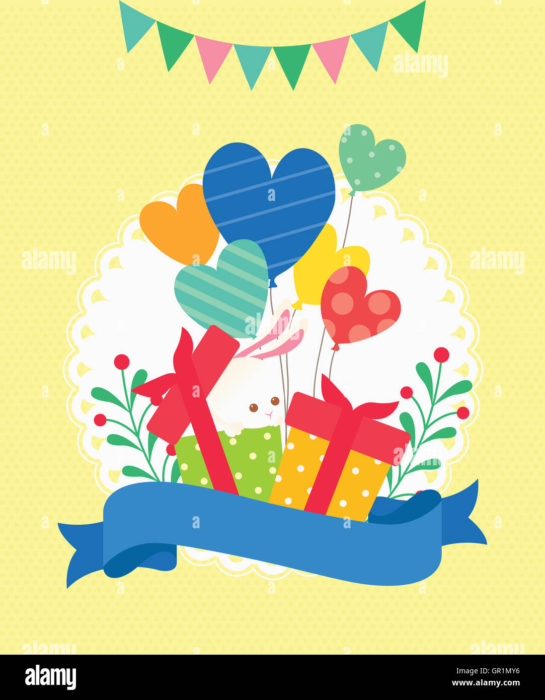 Invitation card with balloons and present boxes Stock Photo - Alamy