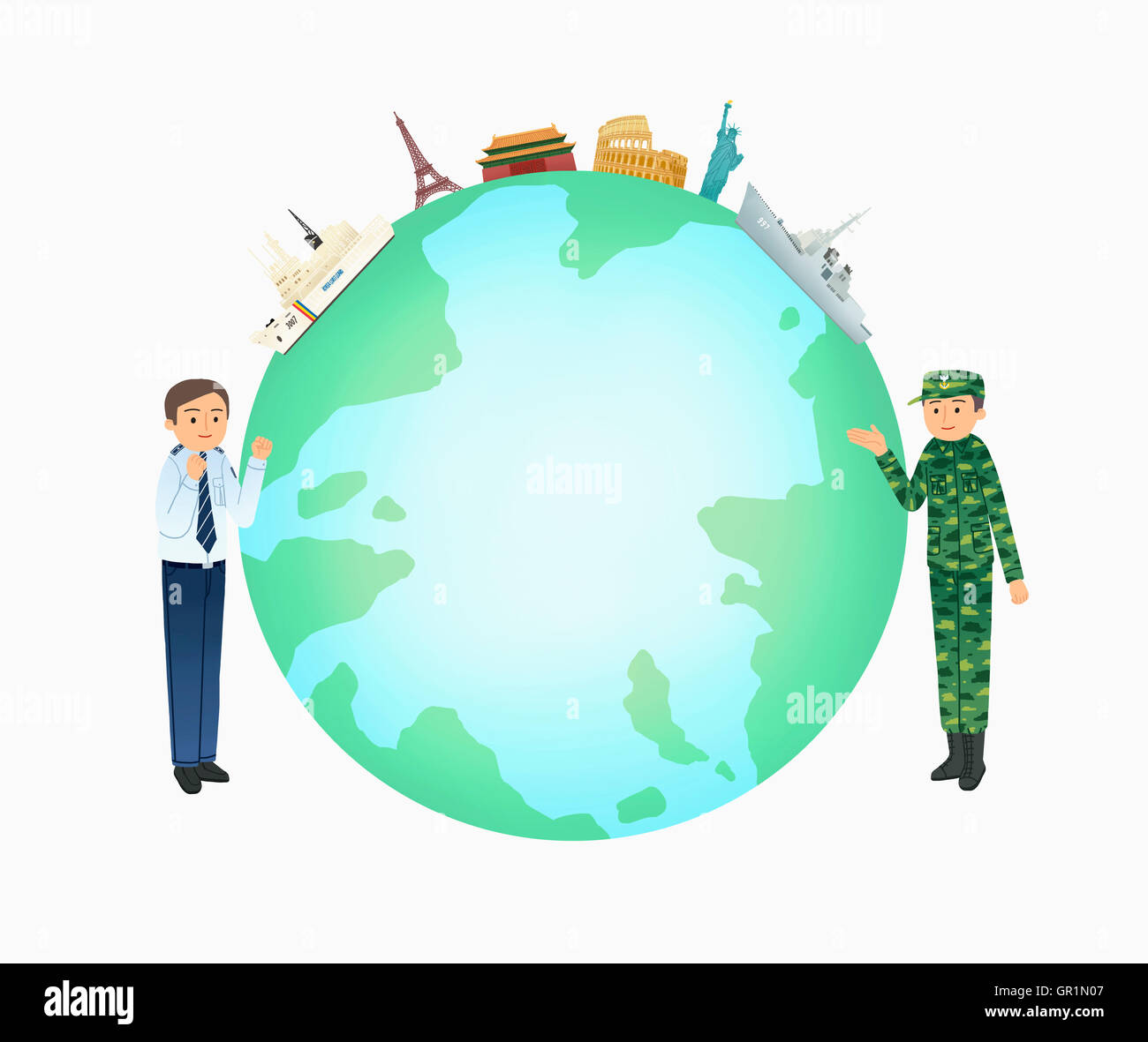 Police officer and soldier showing earth with global landmarks Stock ...