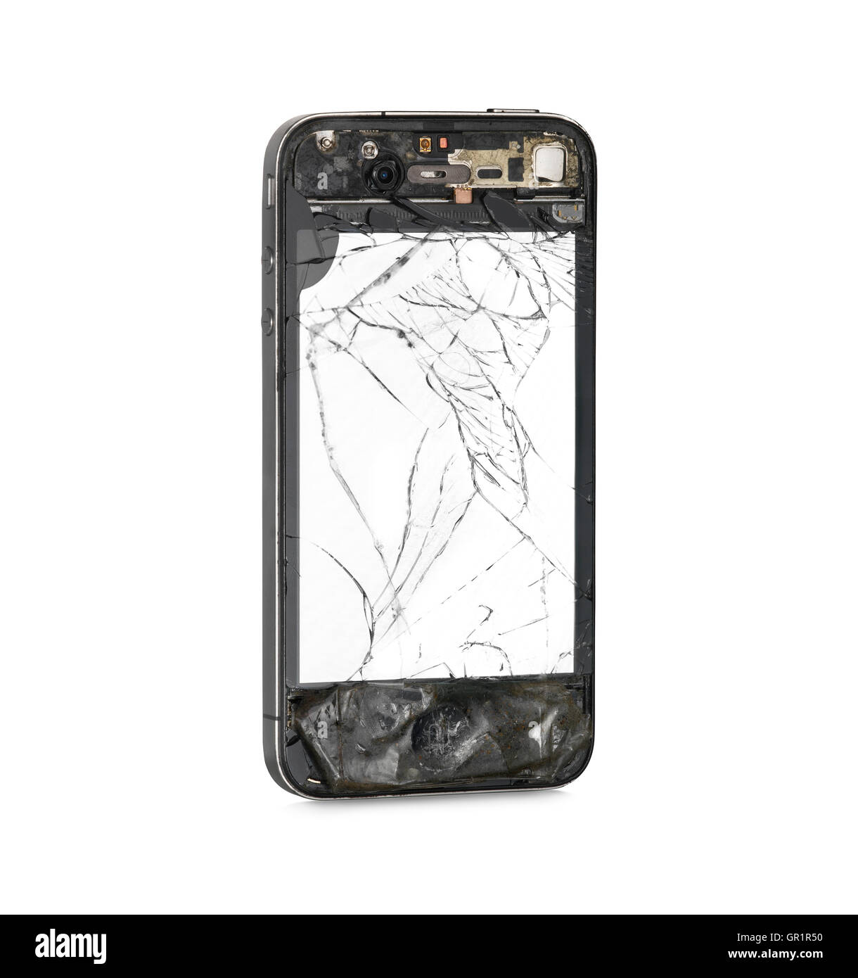Damaged front side with white screen of smart phone isolated on white ...